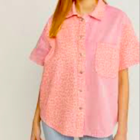 Tops | Entro Boutique Pink Leopard Denim Snap Down Oversized Top Nwot S ...